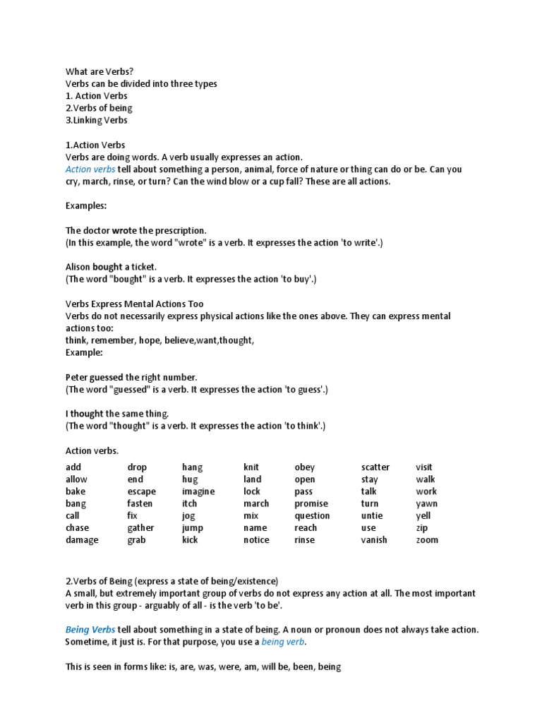 Action Verbs: Tell About Something in A State of Being. A Noun or ...