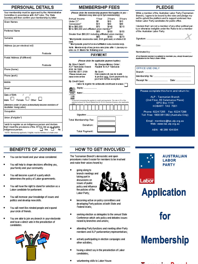 Tasmanian Labor New Membership Form | PDF | Australian Labor Party ...