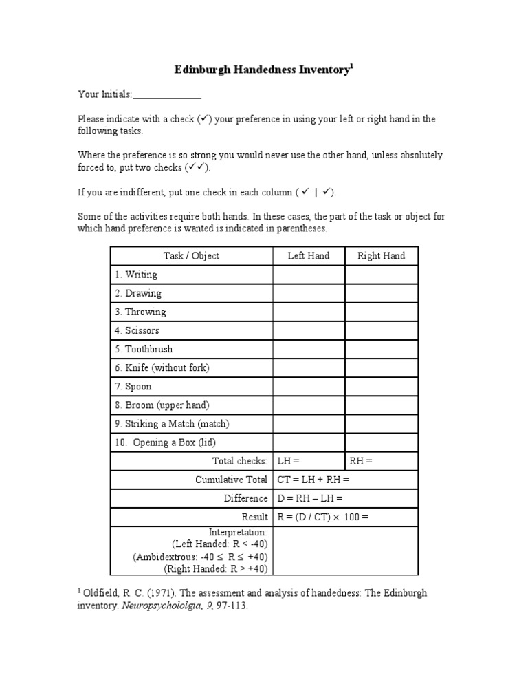 Edinburgh Handedness Inventory | PDF | Handedness | Asymmetry