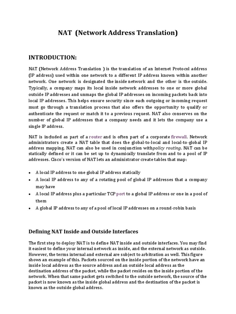 Nat Network Address Translation Defining Nat Inside And Outside Interfaces Pdf Ip