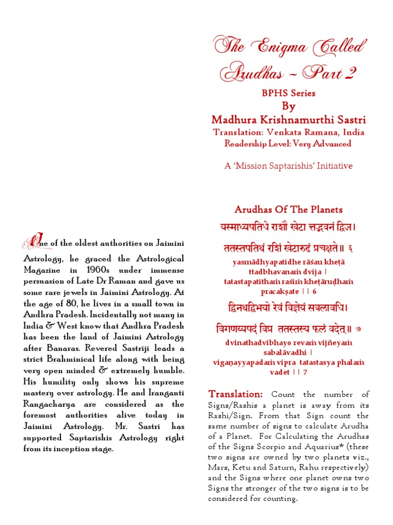The Enigma Called Arudhas - Part 2: by Madhura Krishnamurthi Sastri | PDF | Planets In Astrology ...