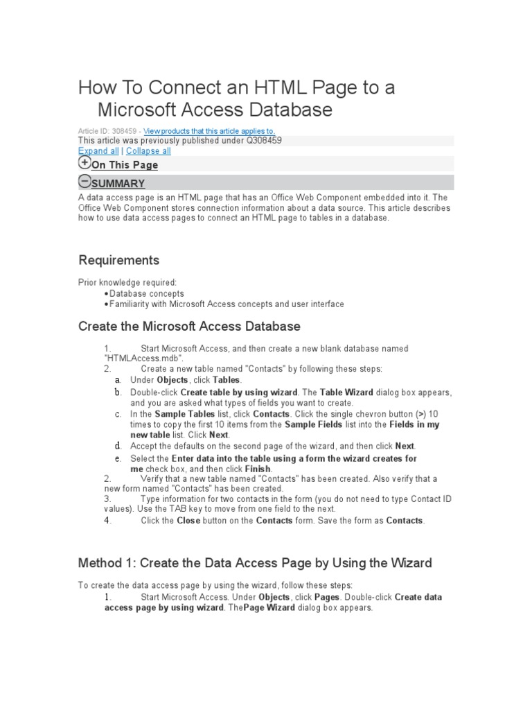 How To Connect An Html Page To A Microsoft Access Database Download Free Pdf Microsoft