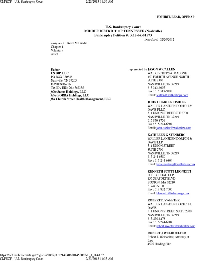 Church Street Health Management Bankruptcy Docket 3:12-bk-01573 ...