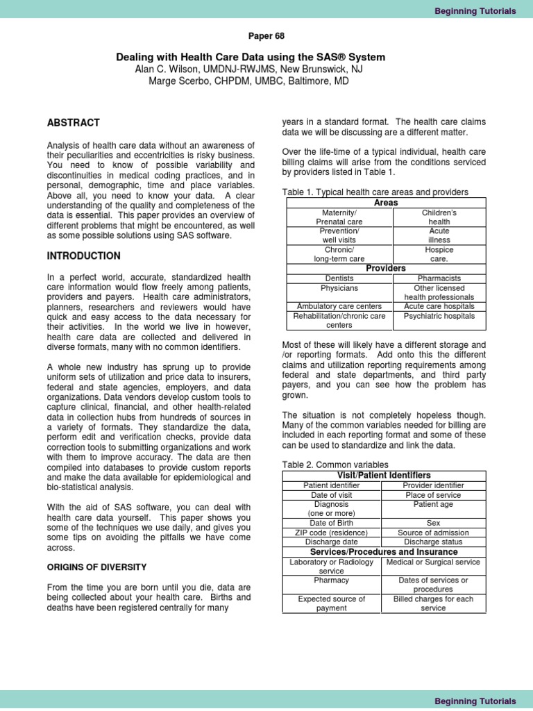 Dealing With Health Care Data Using The SAS® System | PDF ...