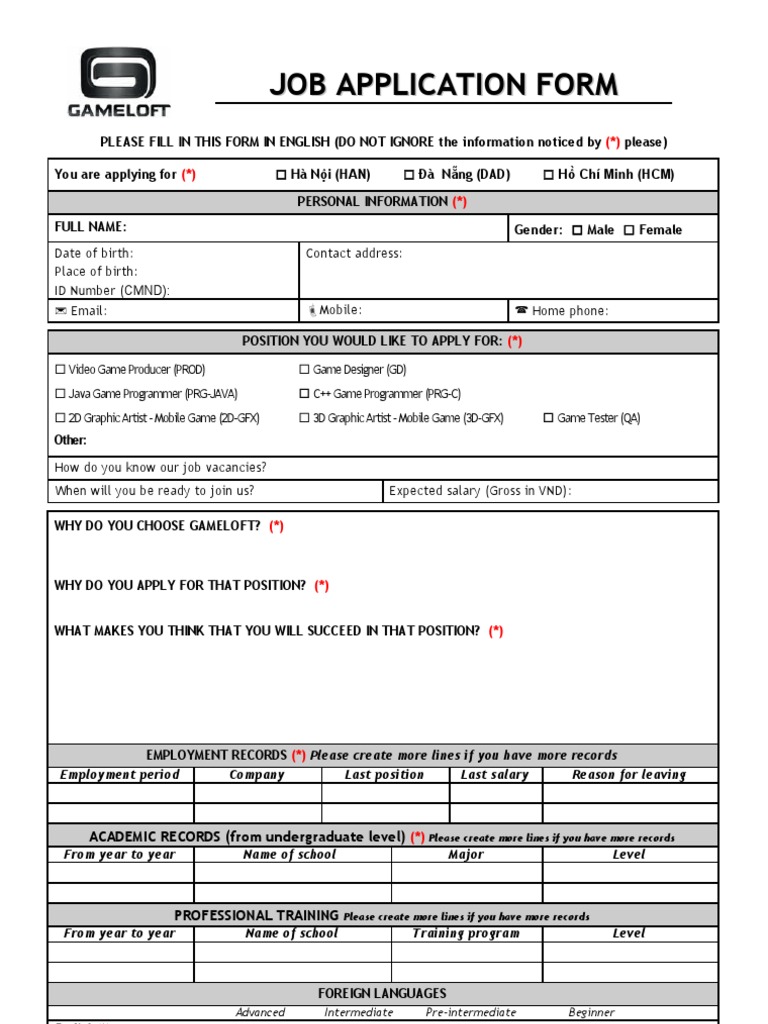 Gameloft Job Application Form | PDF