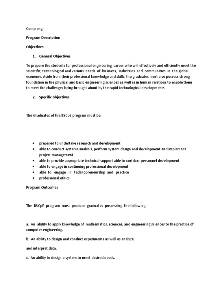 Program Description Objectives 1. General Objectives | PDF | Engineer ...