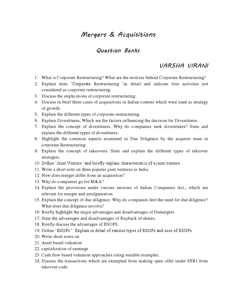 Question Bank M&A | PDF | Takeover | Mergers And Acquisitions