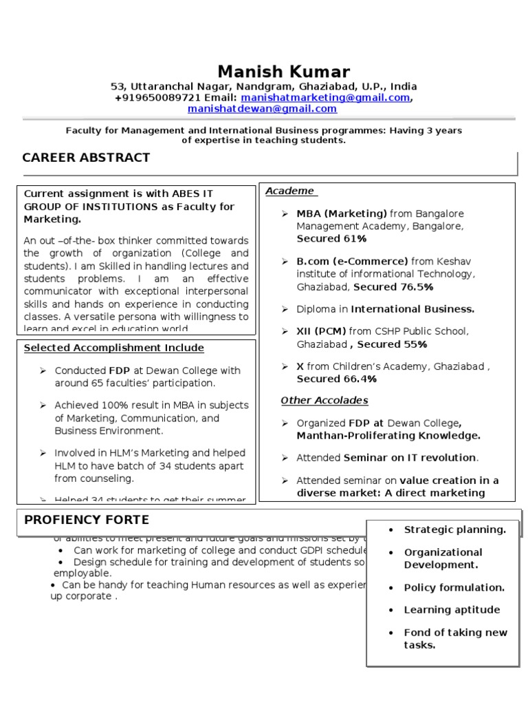 Resume of Manish Kumar | PDF | Master Of Business Administration ...