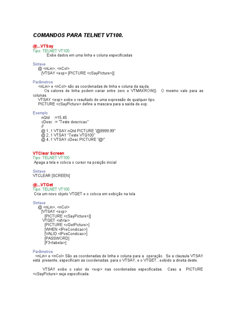 Comandos para Telnet Vt100 | PDF | Vetor euclidiano | Tipo de dados