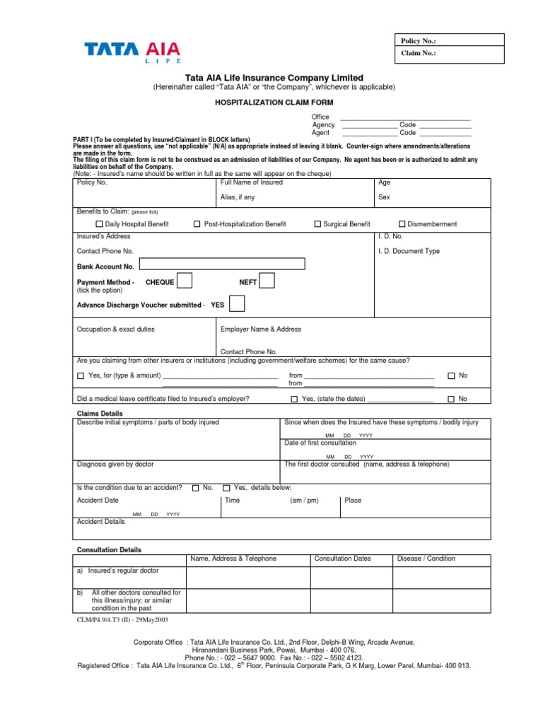 Tata AIA Hospitalization Claim Form | PDF | Physician | Patient