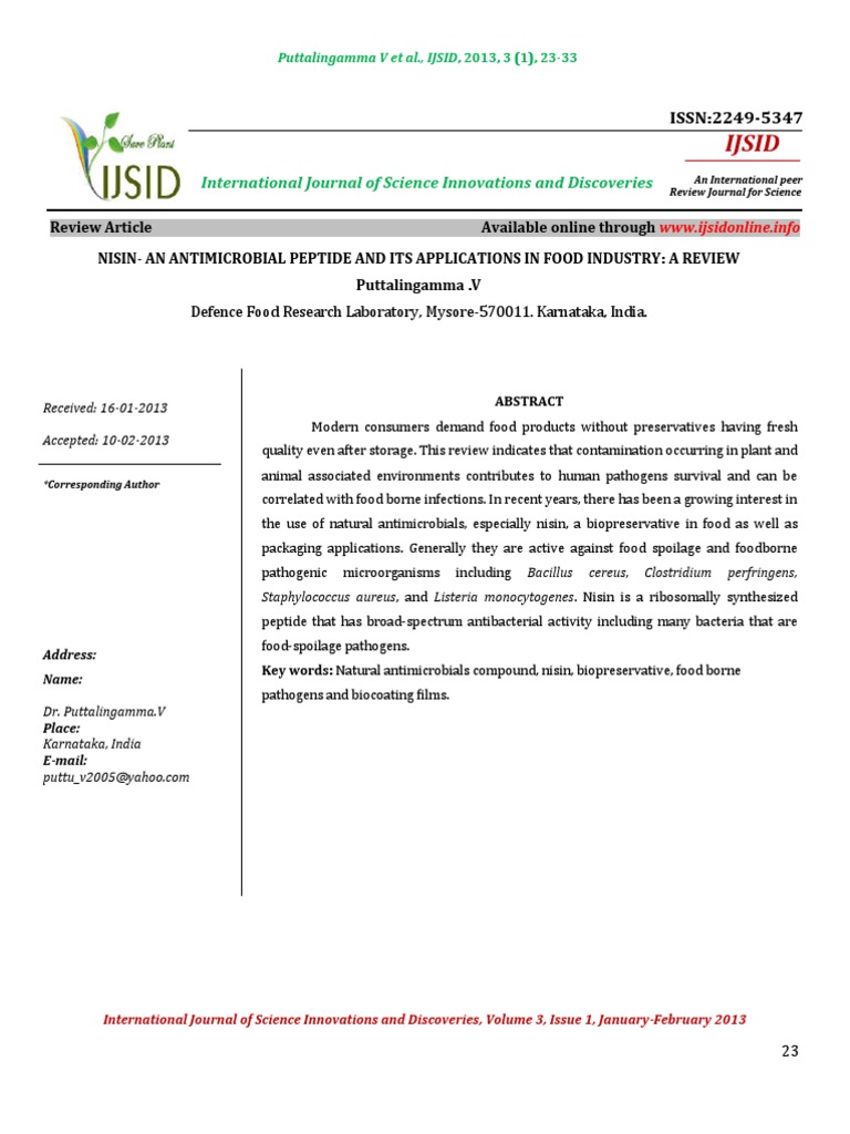 Nisin - An Antimicrobial Peptide and Its Applications in Food Industry ...