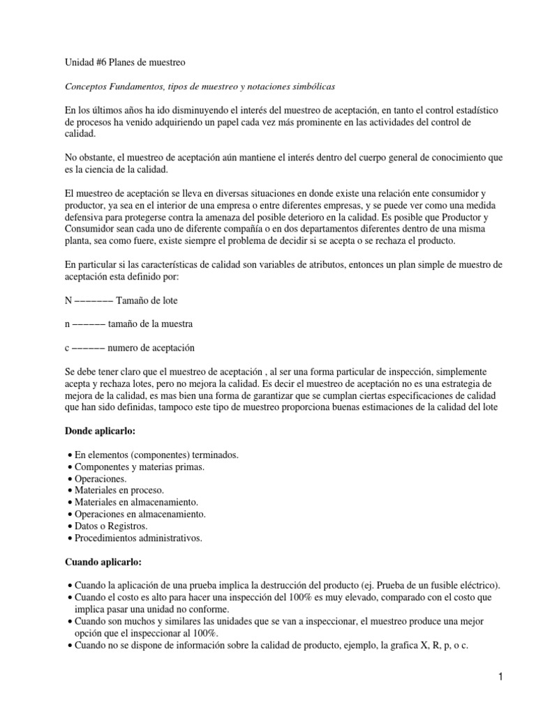 Plan de Muestreo | Muestreo (Estadísticas) | Calidad (comercial)