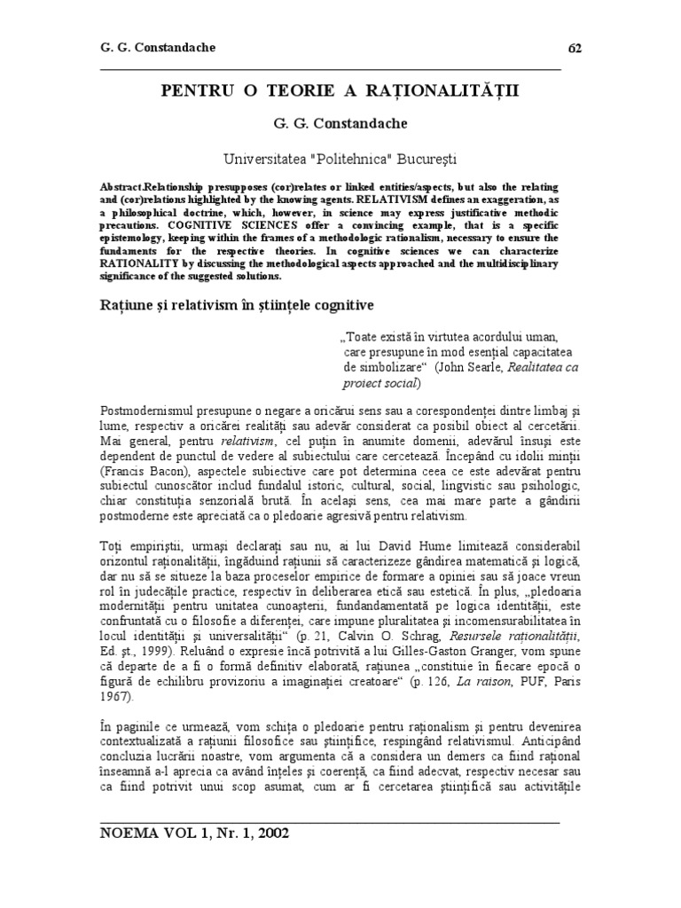 Pentru O Teorie A Raţionalităţii: G. G. Constandache | PDF