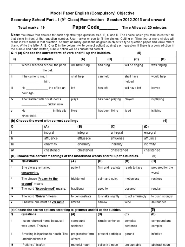 9th Class English Model Paper 2012-2013 | PDF