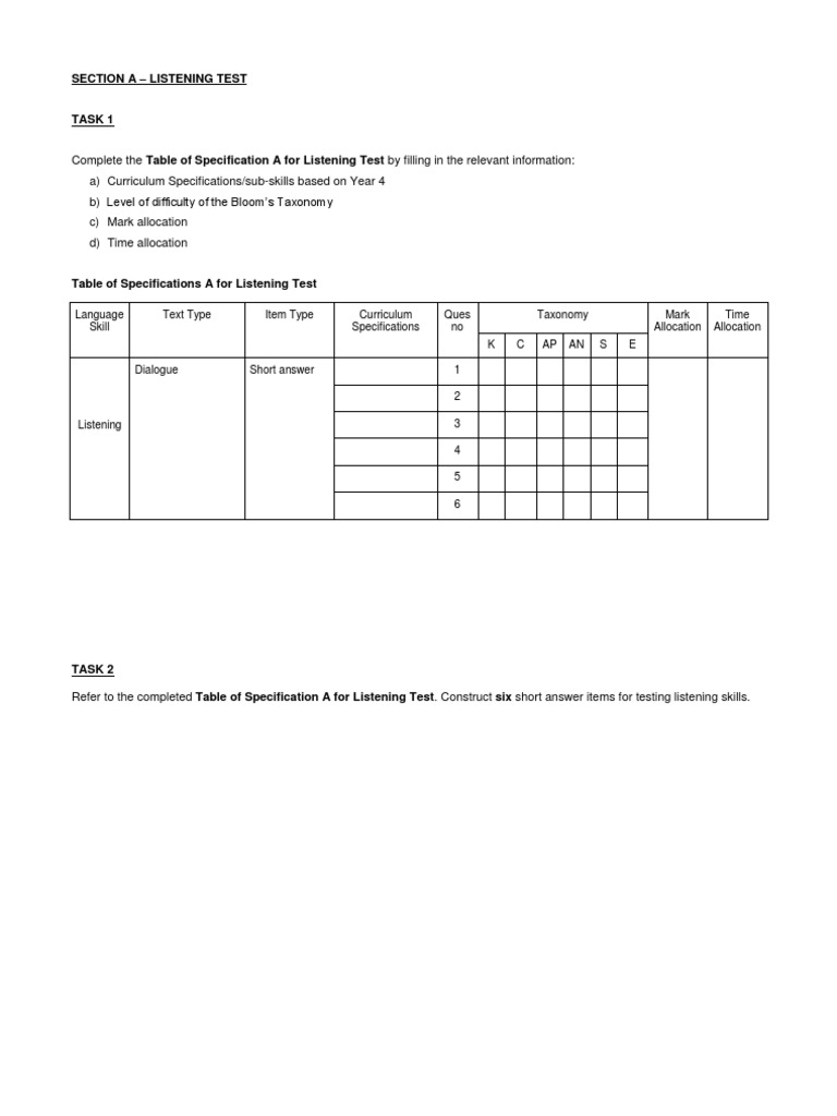 Listening and Speaking Test Specifications | PDF