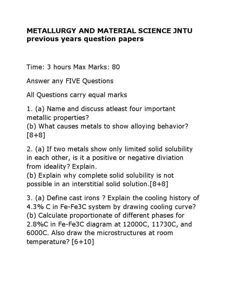 Question Papers Metallurgy and Material Science Jntu Previous Years ...