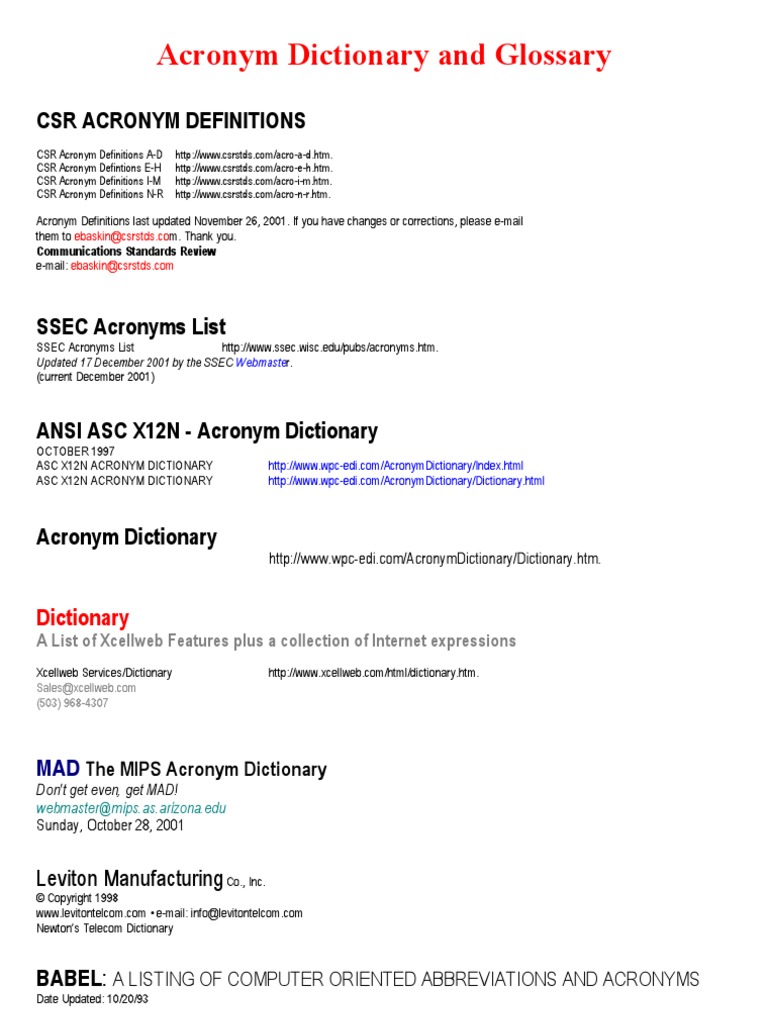 Acronym | Telecommunication | Communications Protocols