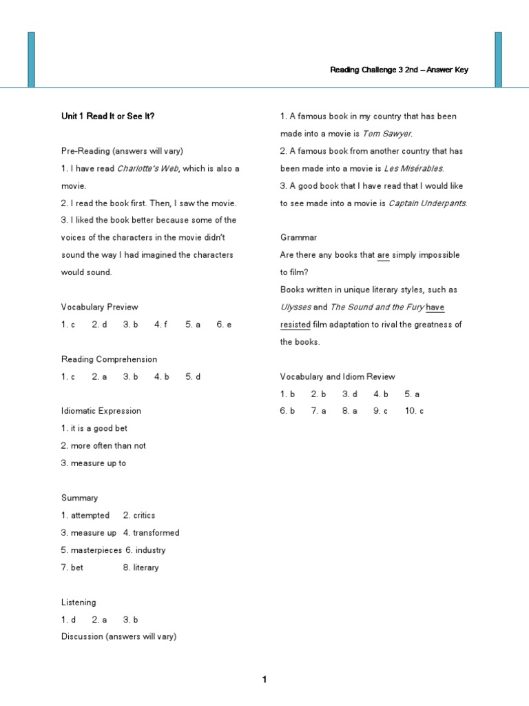 Reading Challenge 3 Answer Key | PDF | Idiom | Ghosts