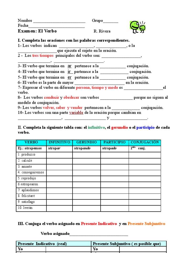 Examen Verbo | Verbo | Conjugación gramatical