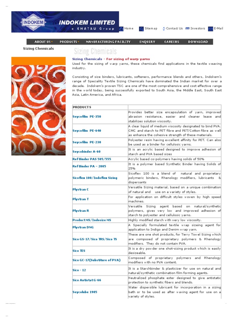 Sizing Chemicals - Sizing of Warp Yarns, Sizing Chemicals For Textile ...