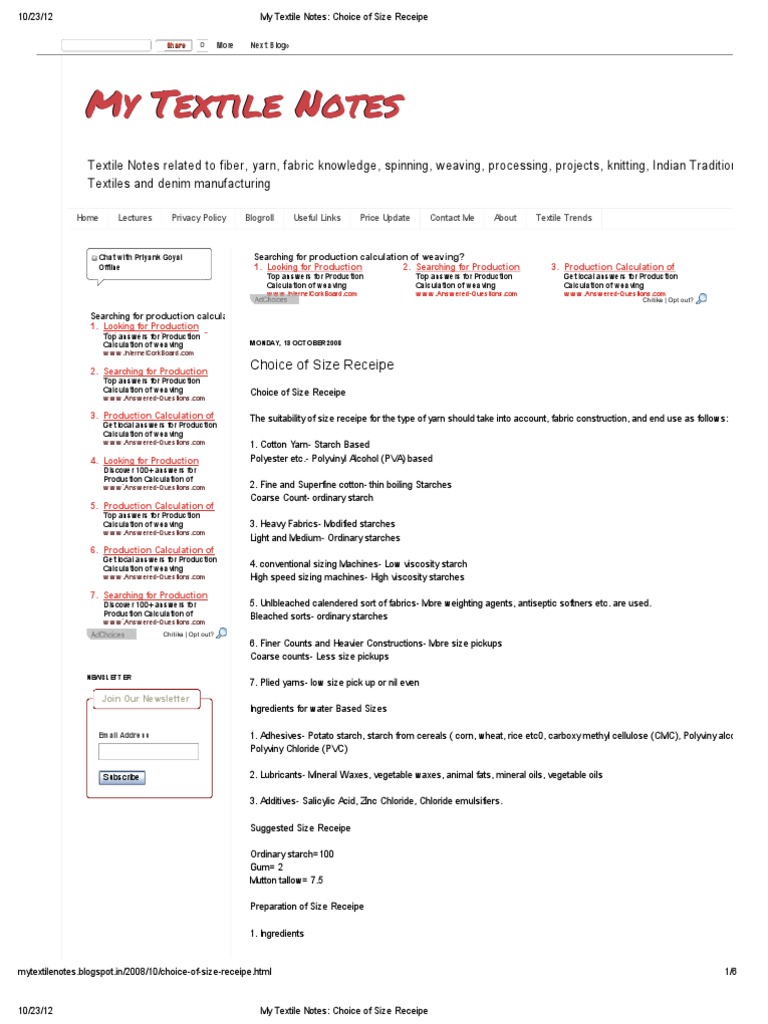 My Textile Notes - Choice of Size Receipe | PDF