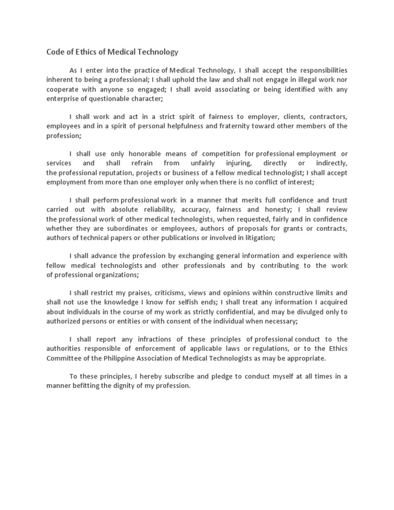 Medical Technology Code of Ethics | PDF | Profession | Employment
