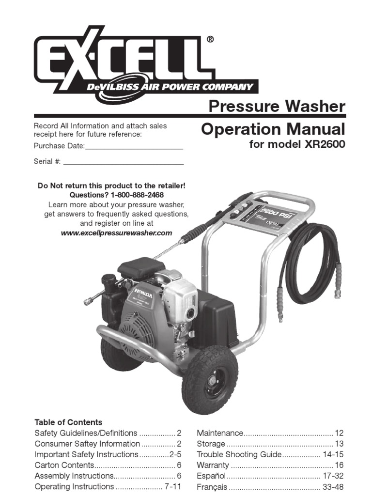 Excel XR2600 Pressure Washer Manual PDF Exhaust Gas Pump