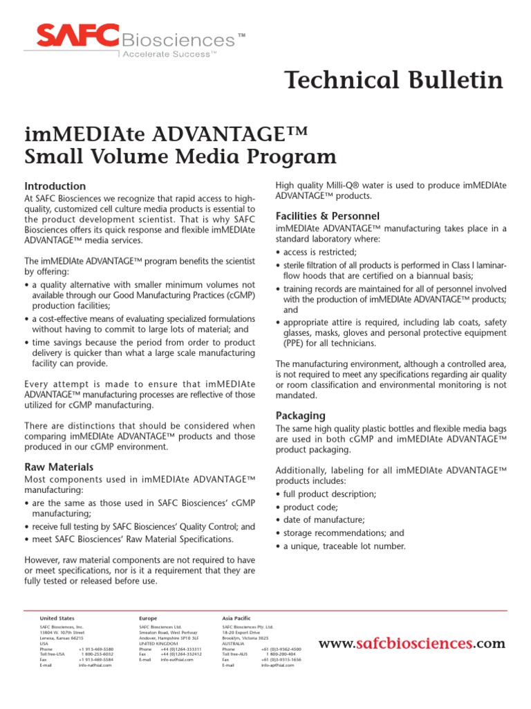 SAFC Biosciences - Technical Bulletin - imMEDIAte ADVANTAGE™ Small Volume Media Program | PDF ...