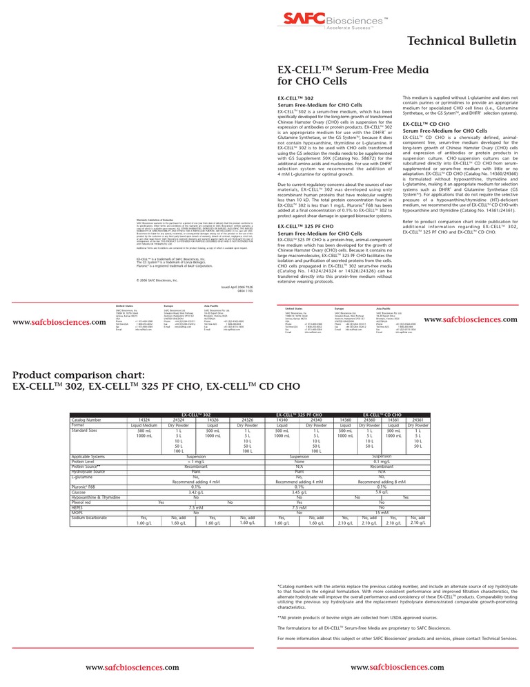 SAFC Biosciences - Technical Bulletin - EX-CELL™ Serum-Free Media For CHO Cells | PDF | Cell ...