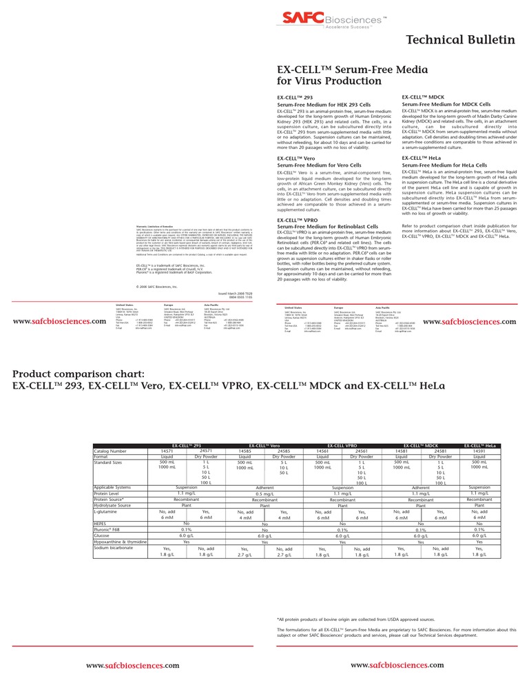 SAFC Biosciences - Technical Bulletin - EX-CELL™ Serum-Free Media For ...
