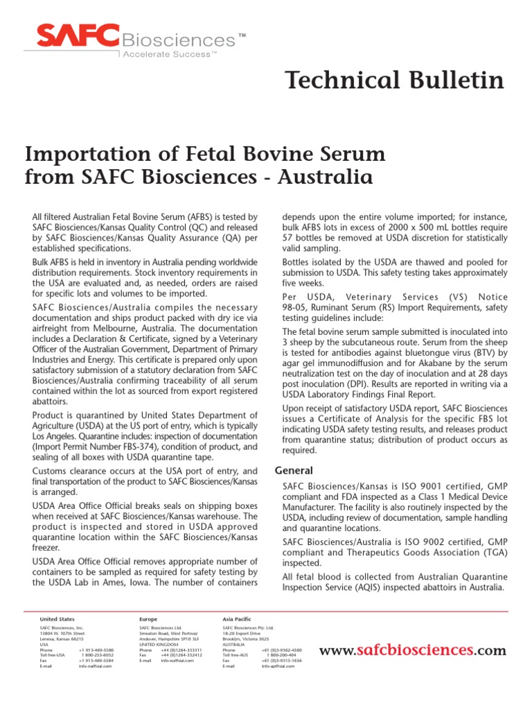 SAFC Biosciences - Technical Bulletin - Importation of Fetal Bovine Serum From SAFC Biosciences ...