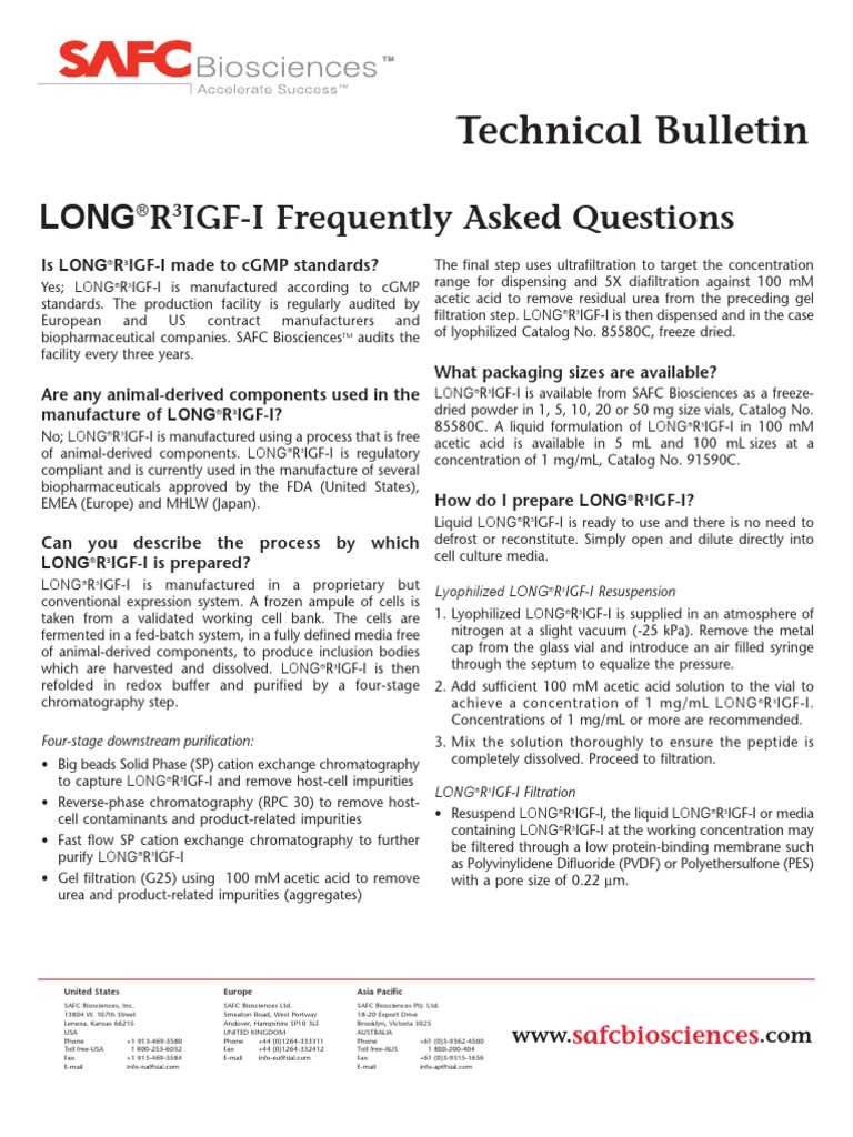 SAFC Biosciences - Technical Bulletin - LONG®R3IGF-I Frequently Asked Questions | PDF | Cell ...
