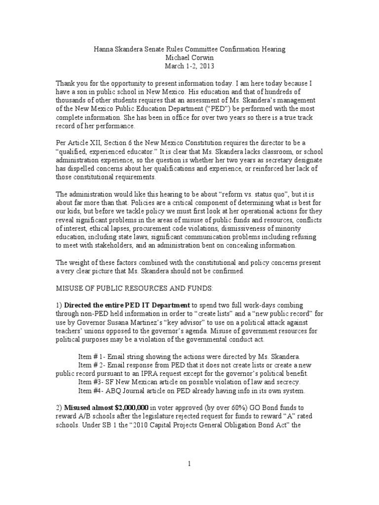 Hanna Skandera Senate Rules Committee Confirmation Hearing | PDF ...