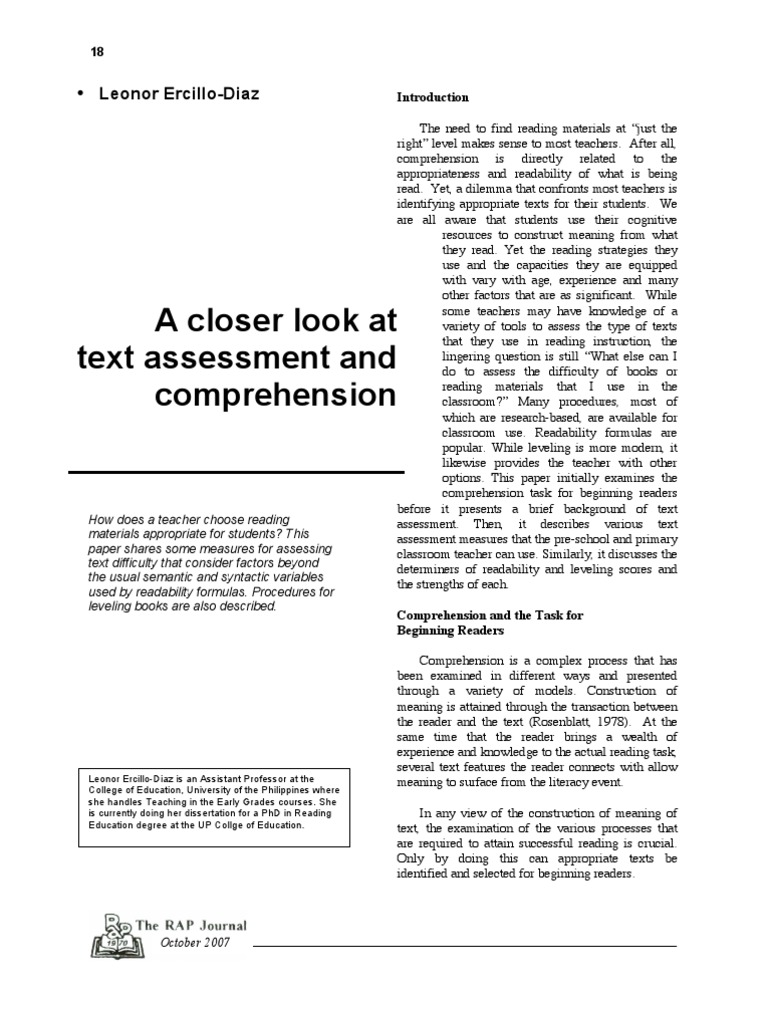 A Closer Look at Text Assessment and Comprehension: Understanding ...