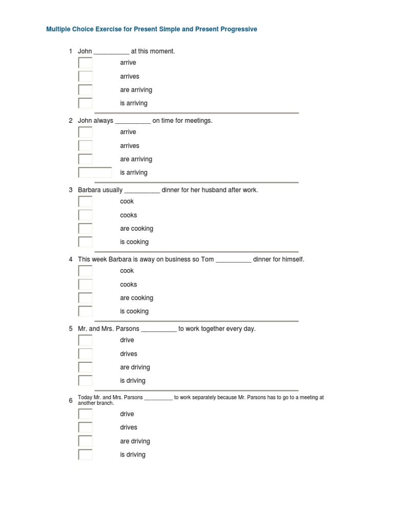 Multiple Choice Exercise For Present Simple and Present Progressive ...