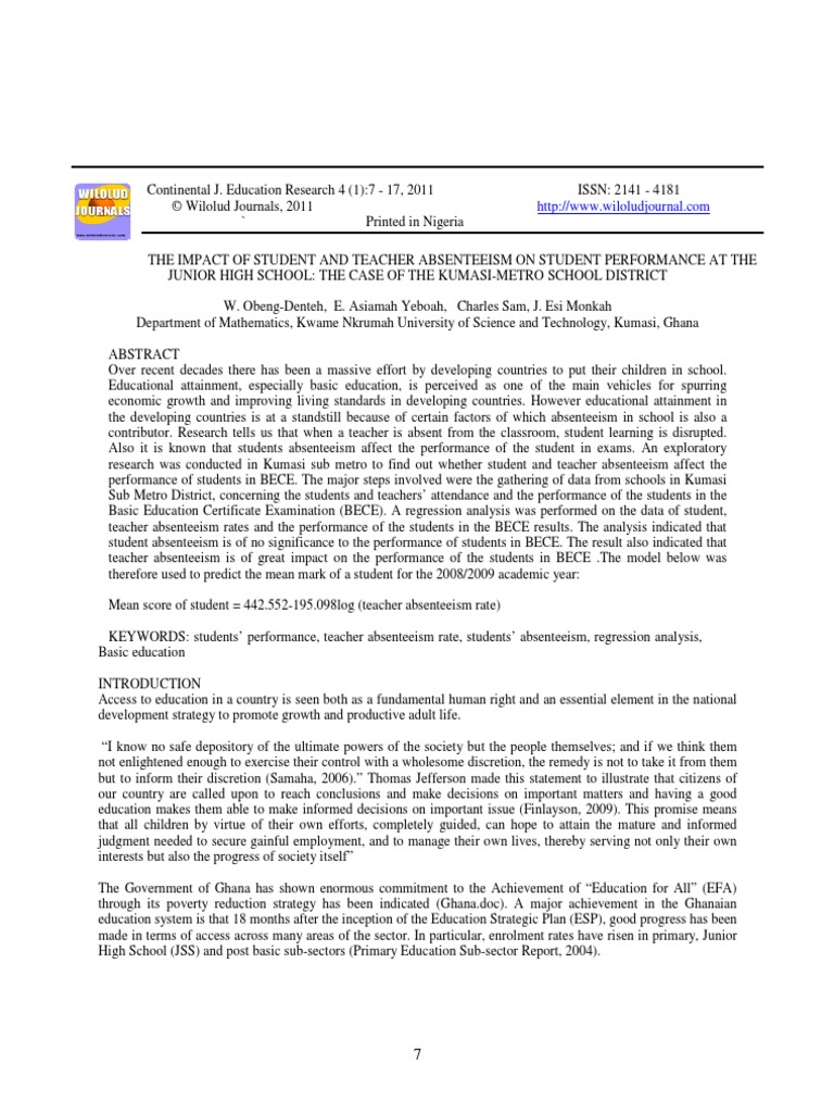 The Impact of Student and Teacher Absenteeism On Student Performance at ...