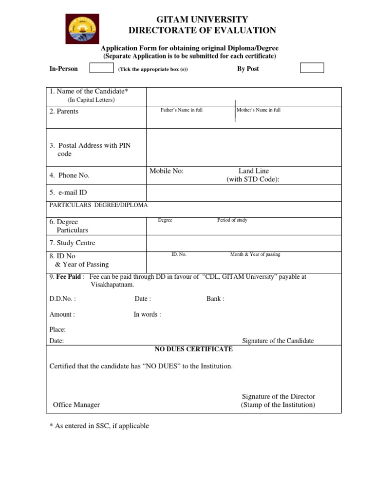 GITAM University Diploma Application | PDF | Academic Degree | Qualifications