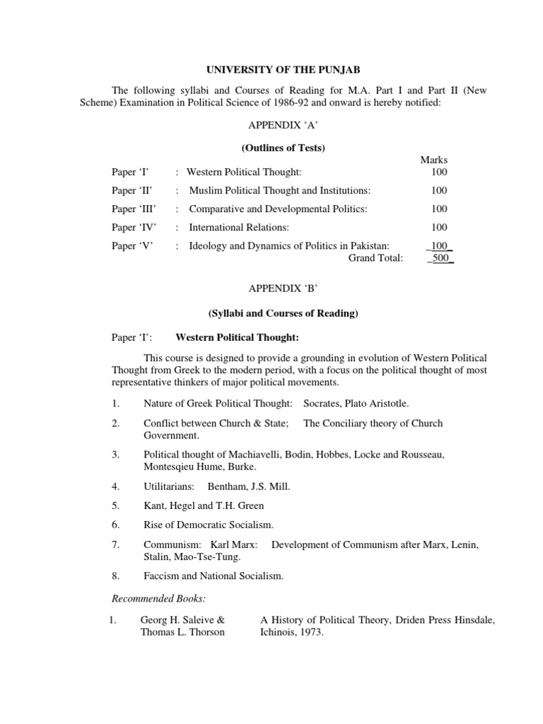 Punjab University MA Political Science Syllabus | PDF | Political ...