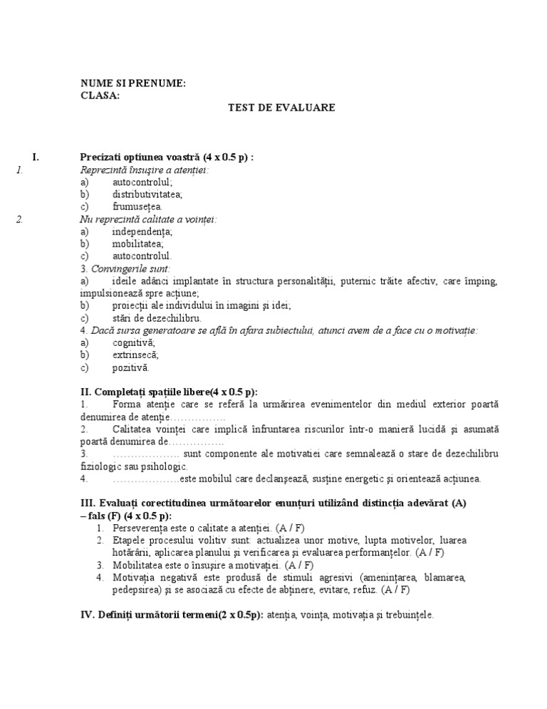 Test de Evaluare Atentie, Vointa, Motivatie | PDF
