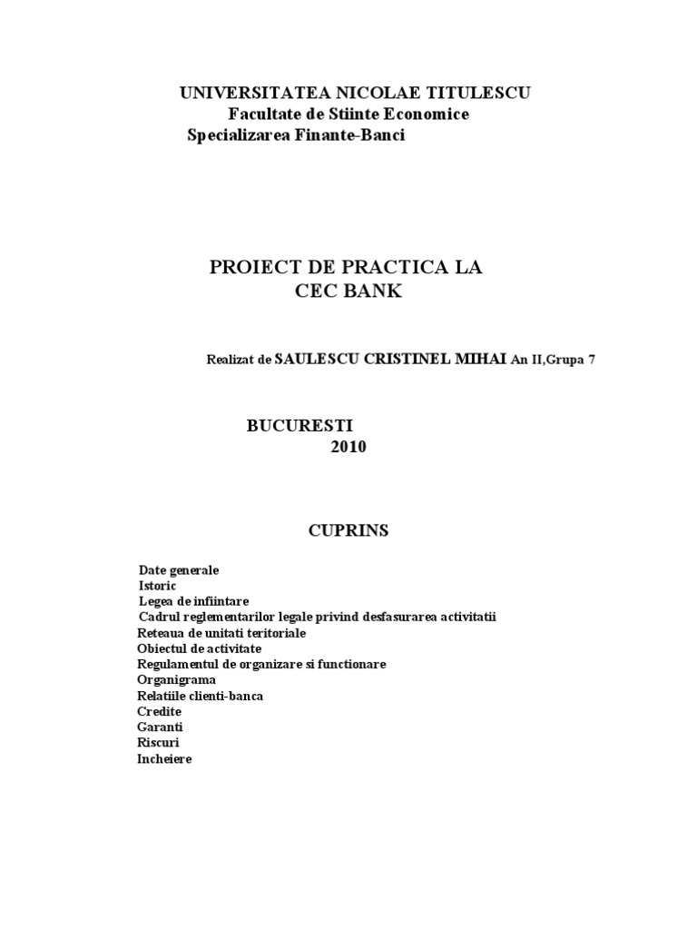Proiect Practica La CEC BANK | PDF