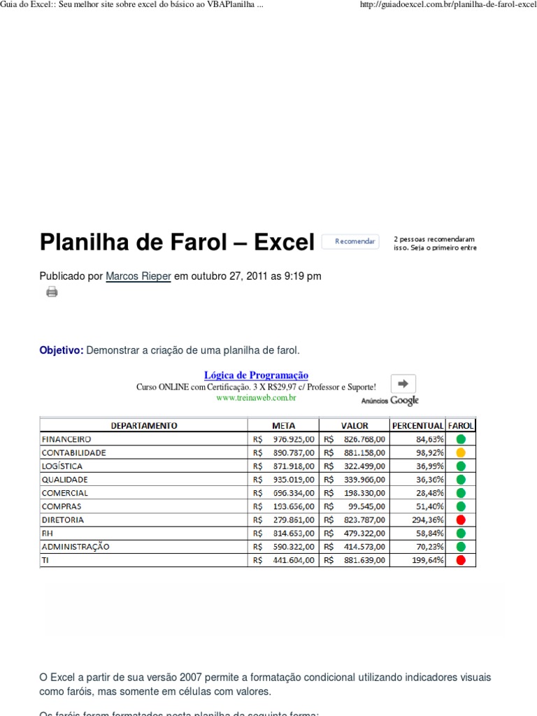 Criando uma planilha de farol no Excel para indicar o desempenho por ...