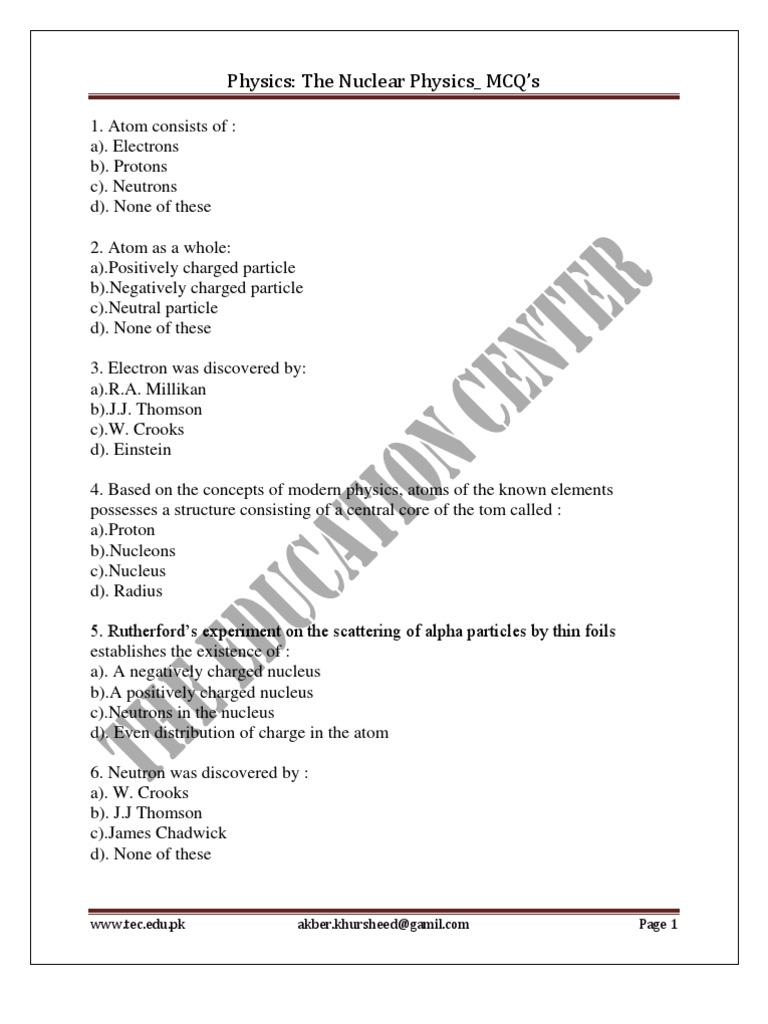 Nuclear Physics MCQs for Students | PDF | Radioactive Decay | Atomic ...