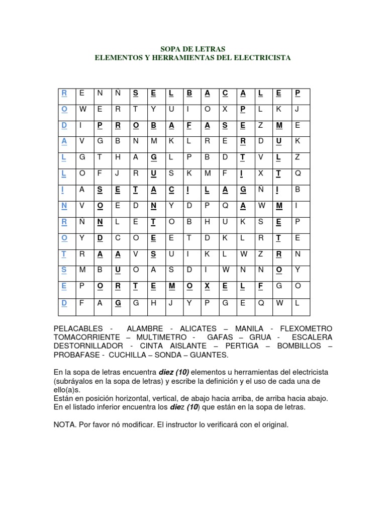 Sopa de Letras | Aislador (Electricidad) | Herramientas