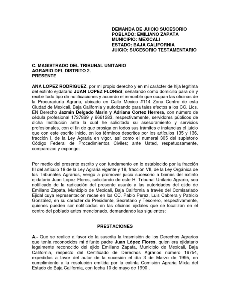 Demanda de Juicio Sucesorio Agrario | Demanda judicial | Ley estatutaria