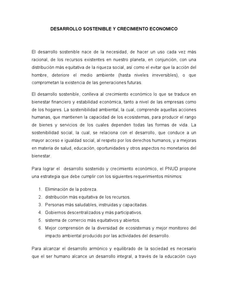 Ensayo Desarrollo Sostenible y Crecimiento Economico | PDF | Sustentabilidad | Desarrollo sostenible