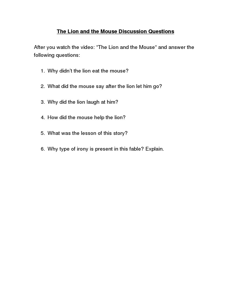 Lion and Mouse Discussion Questions | PDF
