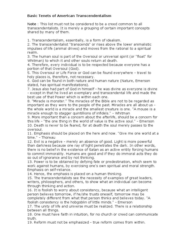 Basic Tenets of Transcendentalism | PDF | Transcendentalism | Divinity