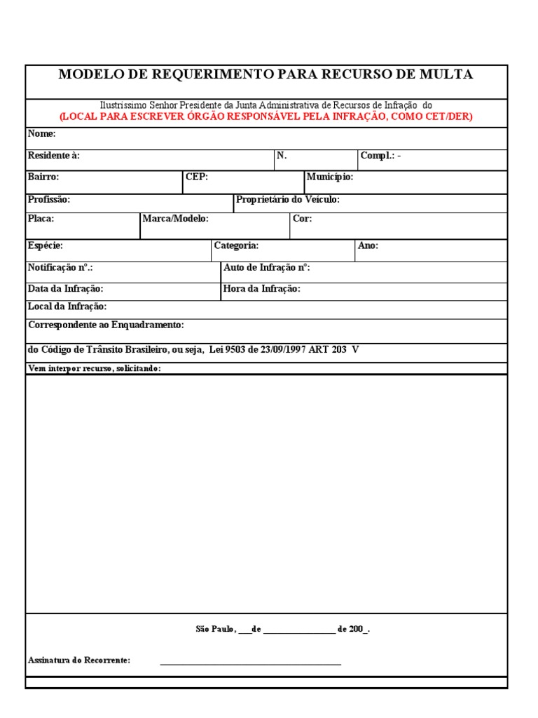 Modelo Requerimento Para Recurso de Multa