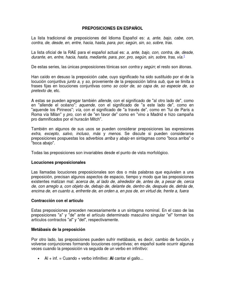 Lista de Preposiciones en Español | PDF | Preposición y Postposición ...