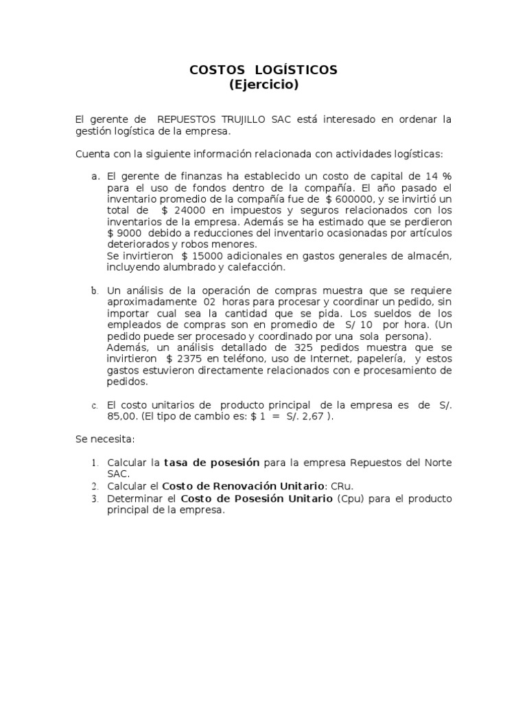 Ejercicio Costos Logísticos | PDF